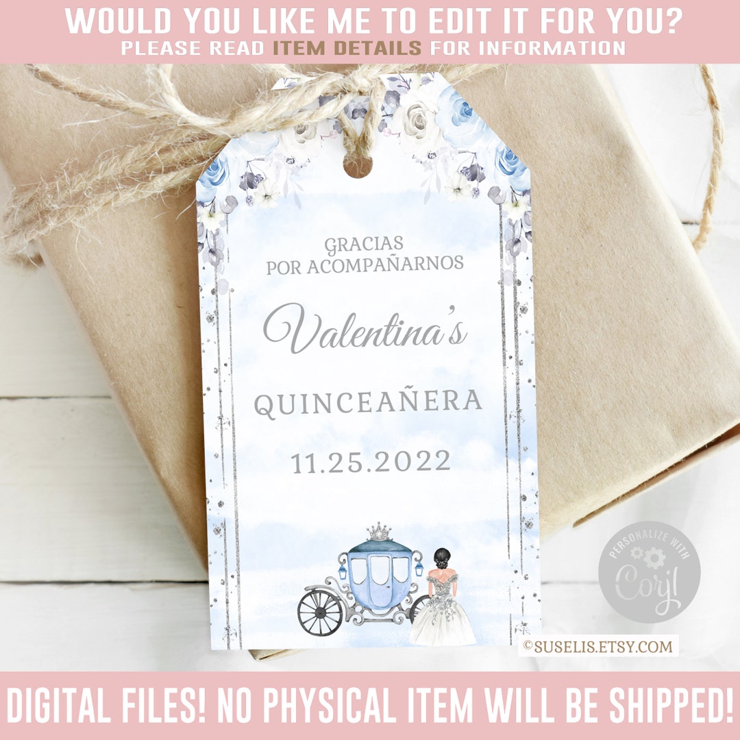 Editable Quinceanera Favor Tag, Princess, Silver Blue, Gift Tag, Mis ...