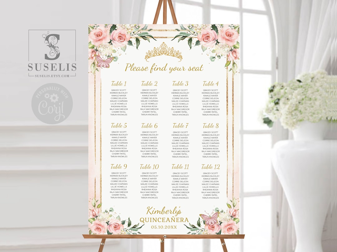 EDITABLE Template Seating Chart, Table Plan, Blush Pink Flowers ...