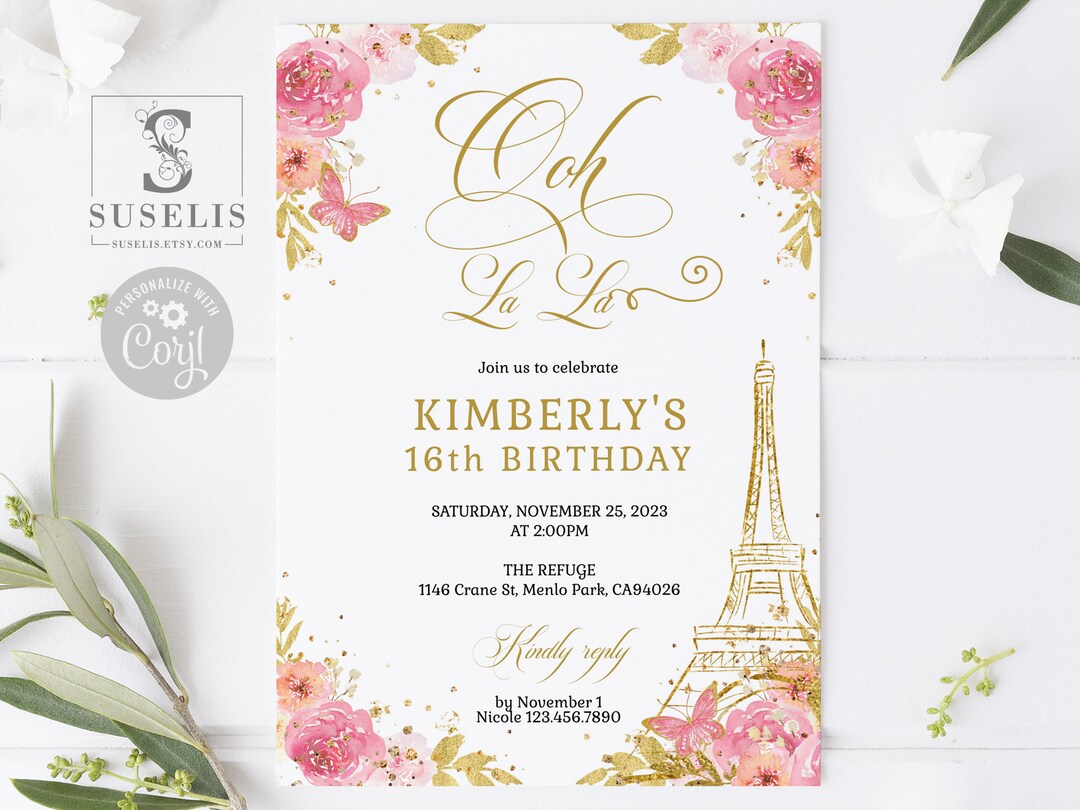EDITABLE Paris Invitation Template, Blush Flowers, Eiffel Tower ...