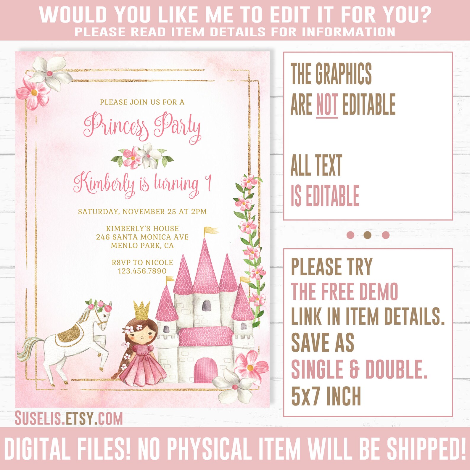 EDITABLE Princess Birthday Invitation Corjl Template Gold | Etsy