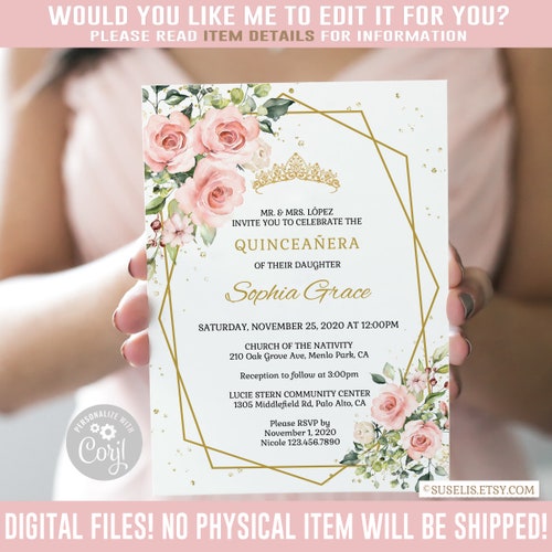 DIY Editable Quinceanera Invitation Blush Pink Flowers - Etsy