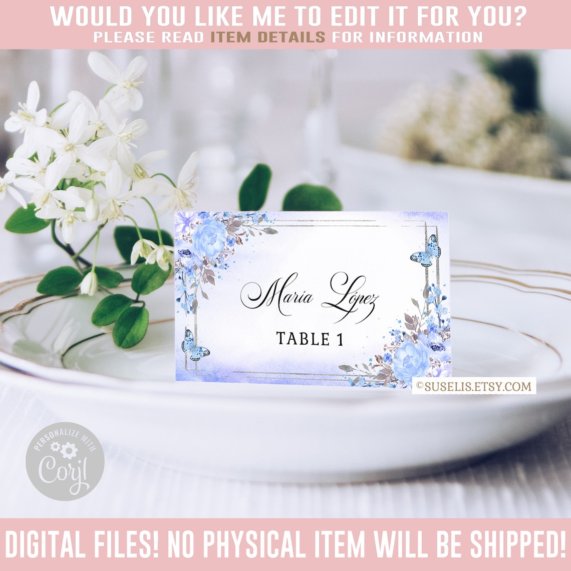 Editable Place Card Table Seating Card Blue Silver Floral - Etsy