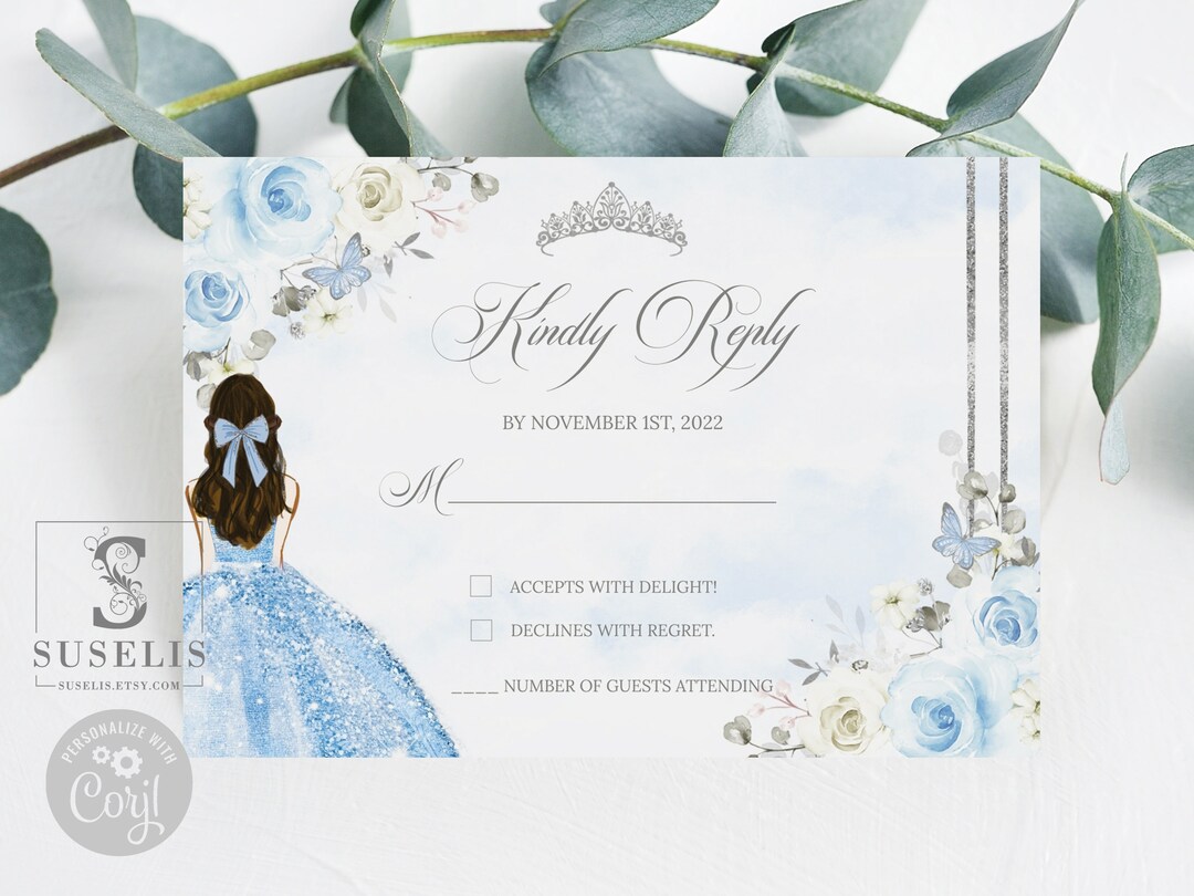 Editable Quinceañera RSVP Card Template, Baby Blue Silver Flowers ...