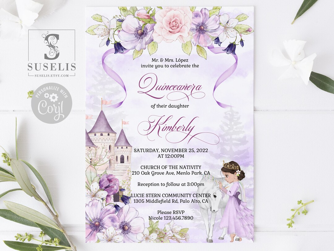 EDITABLE Princess Quinceanera Invitation, Purple Silver Flowers, Castle ...