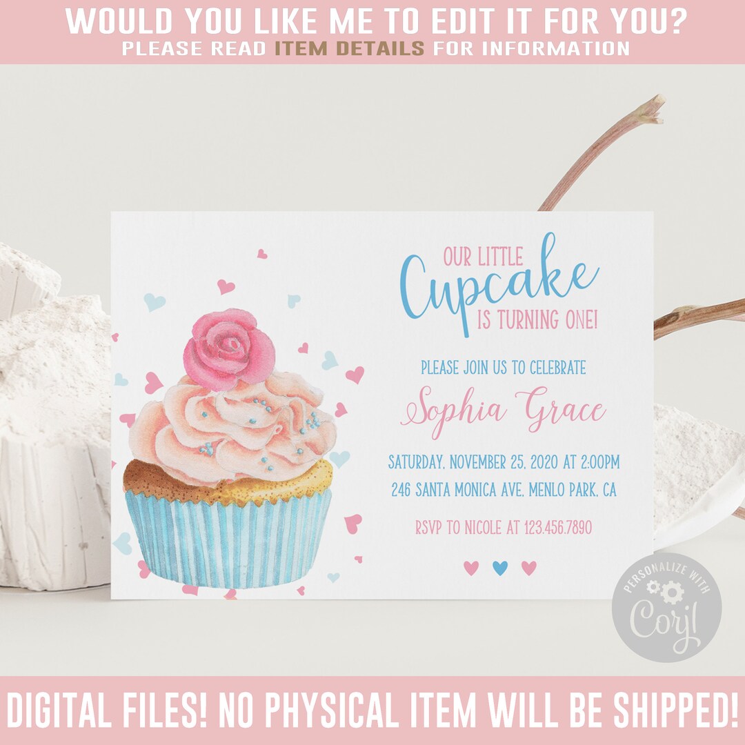 Editable Our Little Cupcake Birthday Invitation, Corjl Template, Girl ...