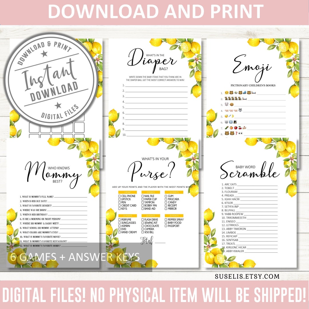 Printable Lemon Baby Shower Game Bundle, 6 Games, Greenery Citrus Theme ...