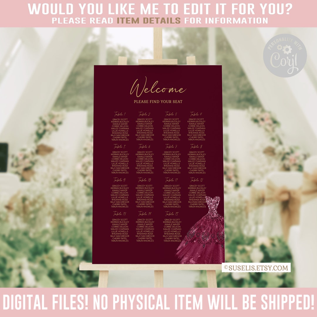 EDITABLE Seating Chart, Table Plan, Watercolor Burgundy Dress Theme ...