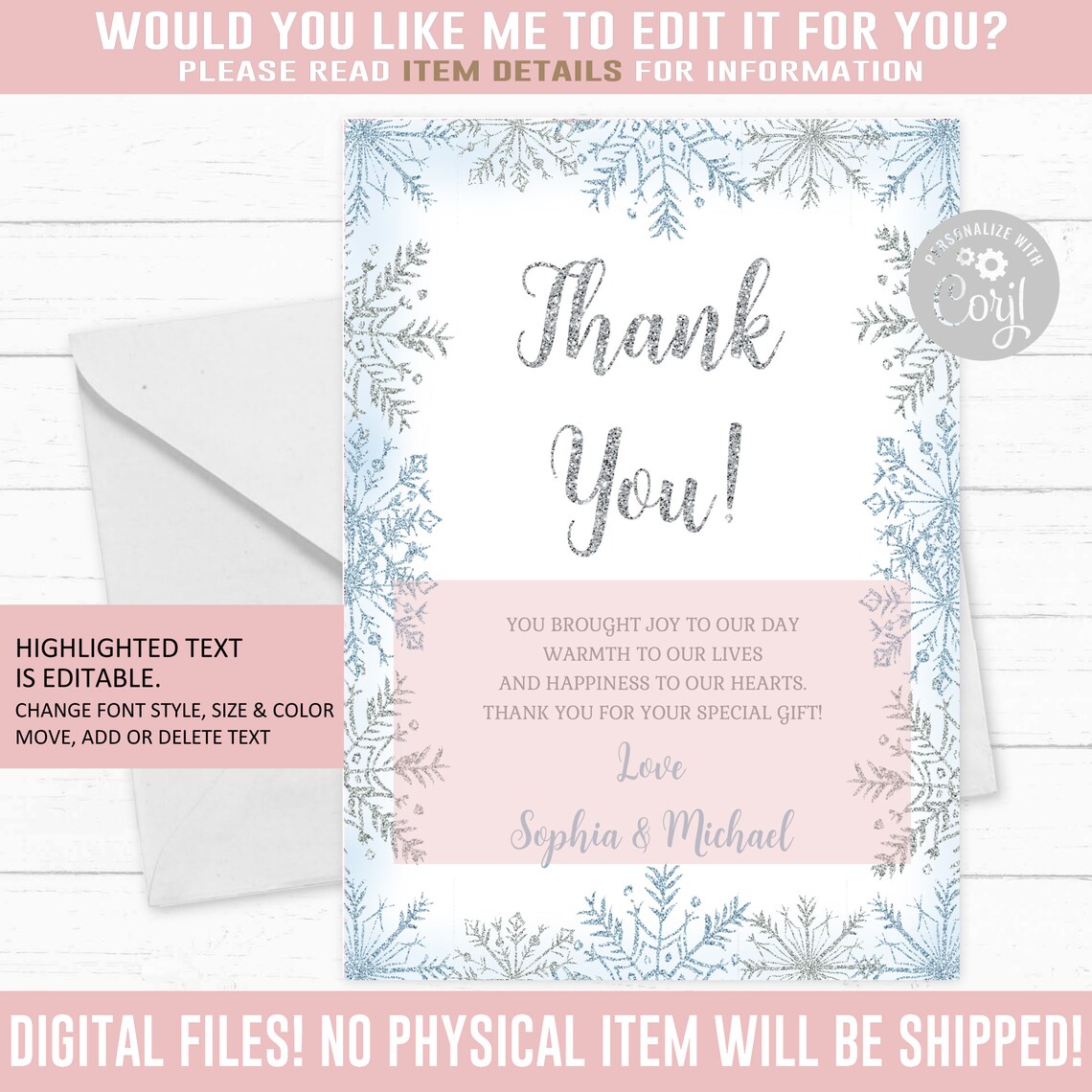 Editable Winter Wonderland Thank You Card, Corjl Template, Snowflake ...