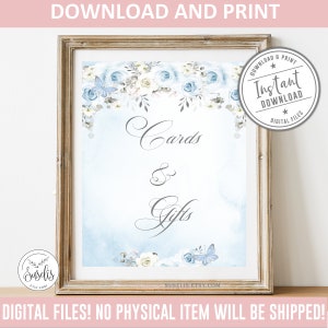 Printable Baby Blue Floral Cards & Gifts Sign, Silver, Baby Shower ...