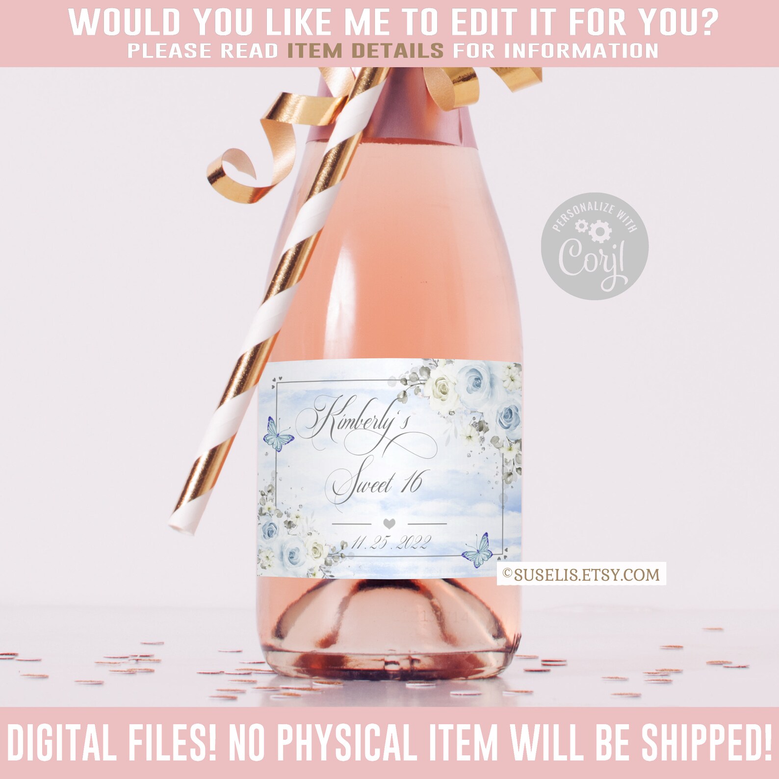 EDITABLE Sweet 16 Mini Wine Champagne Bottle Labels Corjl - Etsy