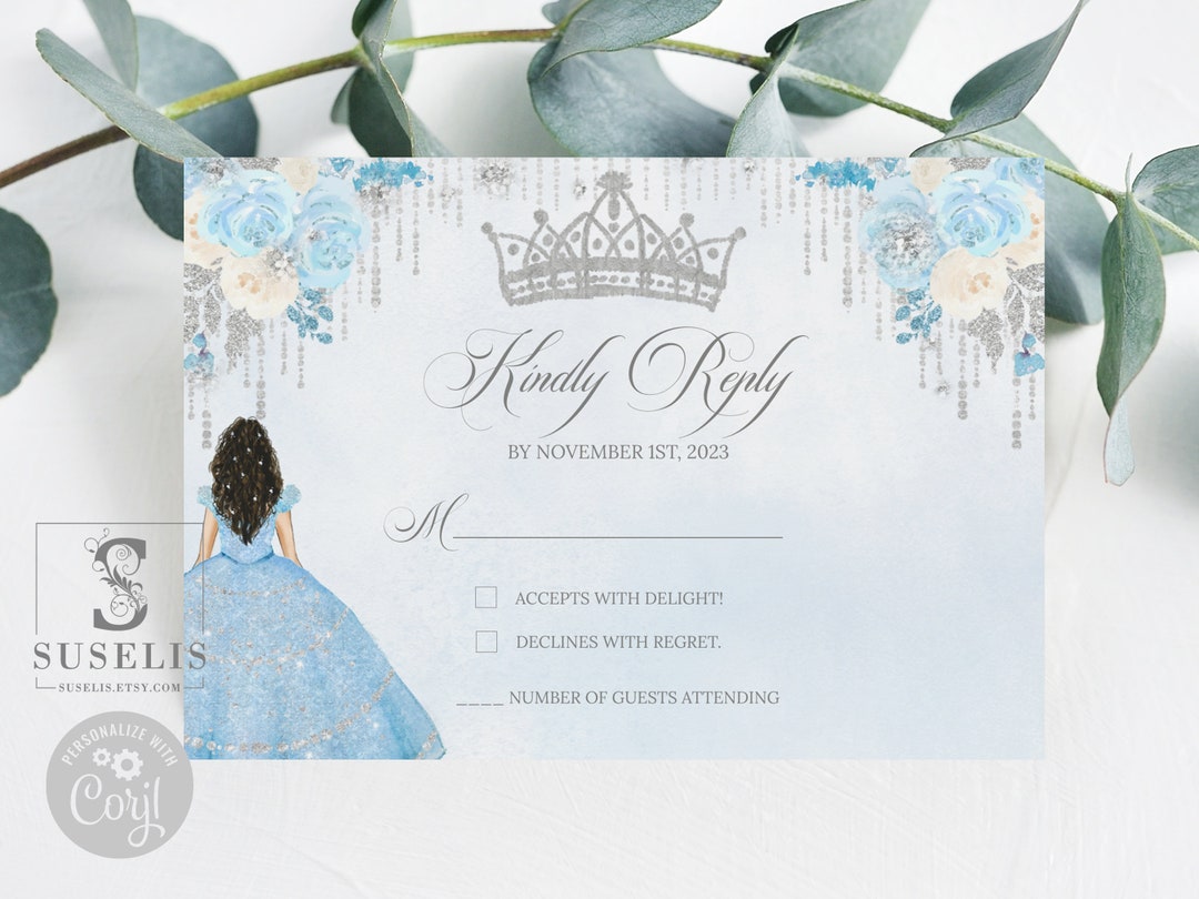 Editable RSVP Card, Kindly Reply, Baby Blue Silver Flowers, Mis Quince ...