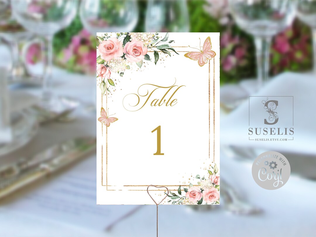 EDITABLE Table Numbers, Quinceanera, Blush Pink Flowers, Butterfly ...