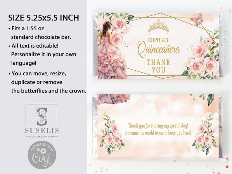 EDITABLE Template Quinceañera Chocolate Wrapper, Blush Candy Bar, Mis ...