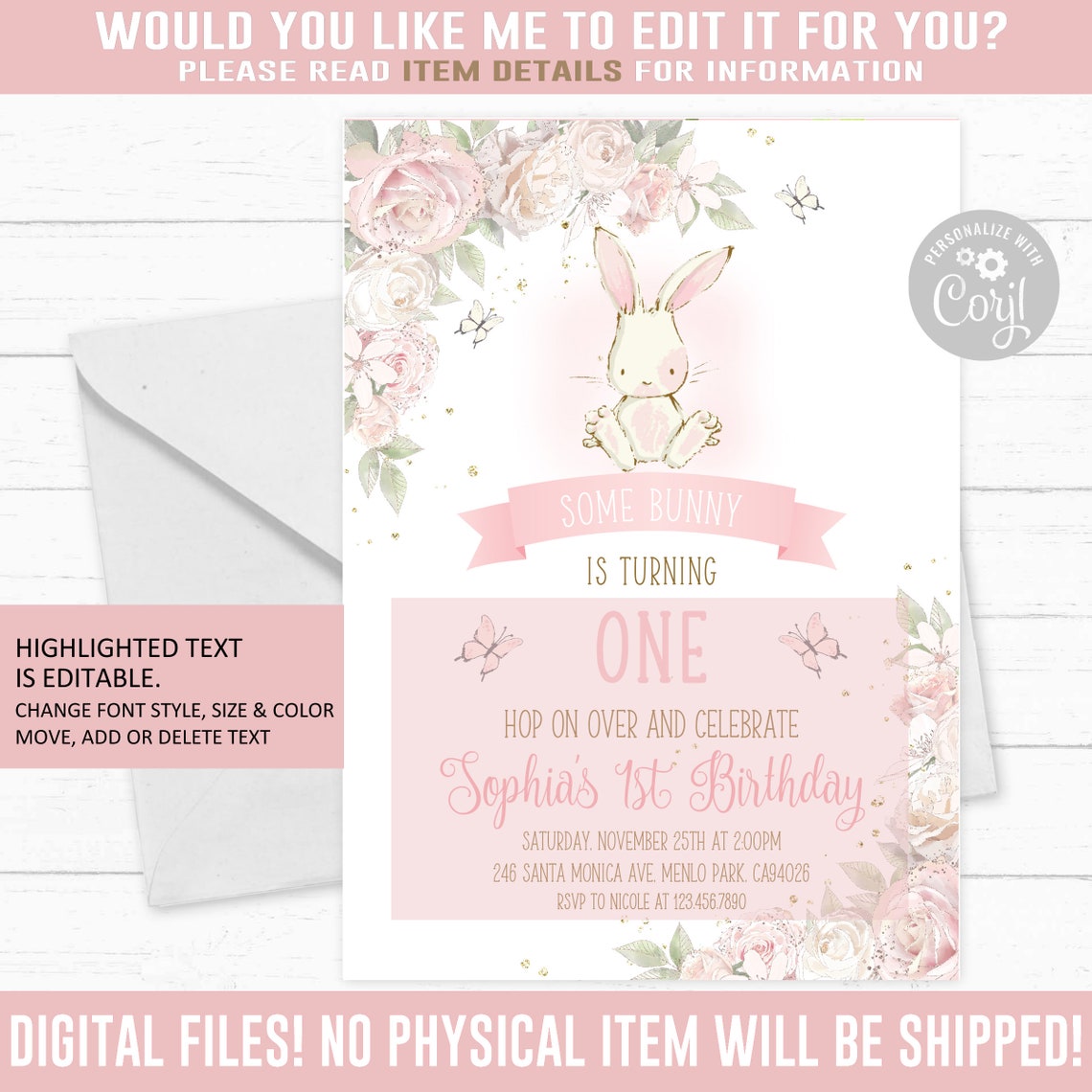 EDITABLE Some Bunny Birthday Invitation Corjl Template - Etsy