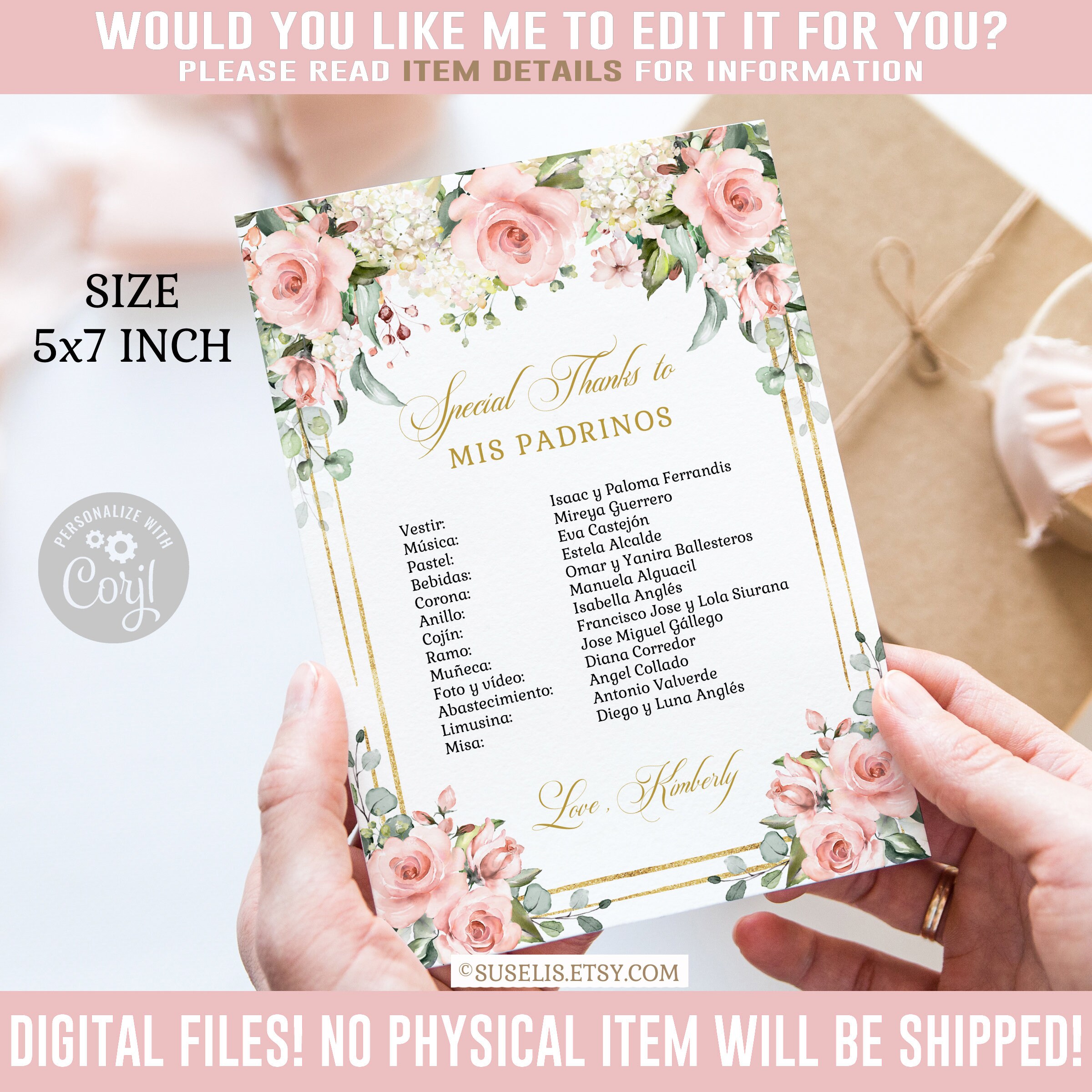 EDITABLE Lista De Padrinos, Special Thanks, List of Godparents, Blush ...