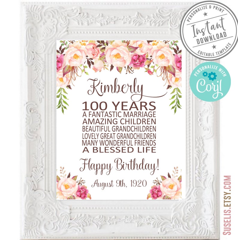 Editable 100th Birthday Gift Print Corjl Template Sign 100 - Etsy