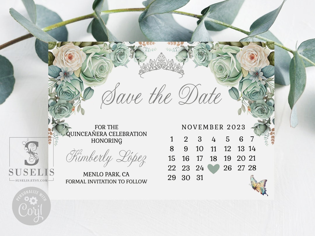 Editable Sage Green Save the Date Calendar Template, Flowers, Butterfly ...