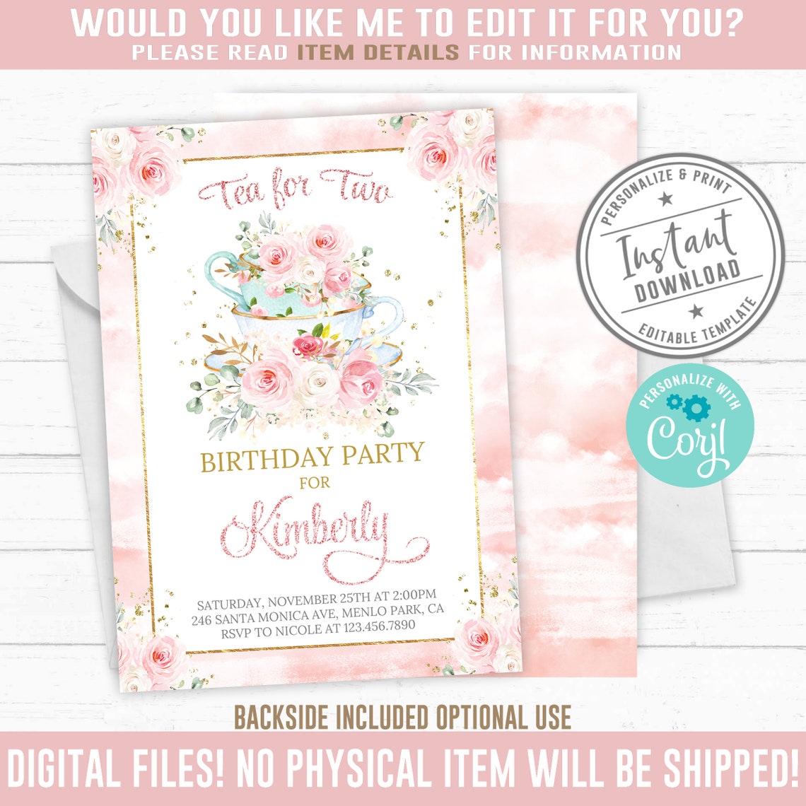EDITABLE Tea Party Birthday Invitation Corjl Template - Etsy