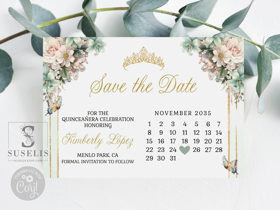 Editable Sage Green Save the Date Calendar Template, Flowers, Butterfly ...