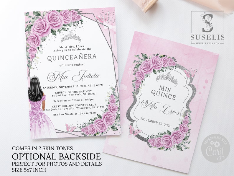 EDITABLE Quinceanera Invitation & Back Template Blush Pink - Etsy