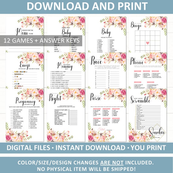 Printable Baby Shower Game Bundle 12 Games Boho | Etsy