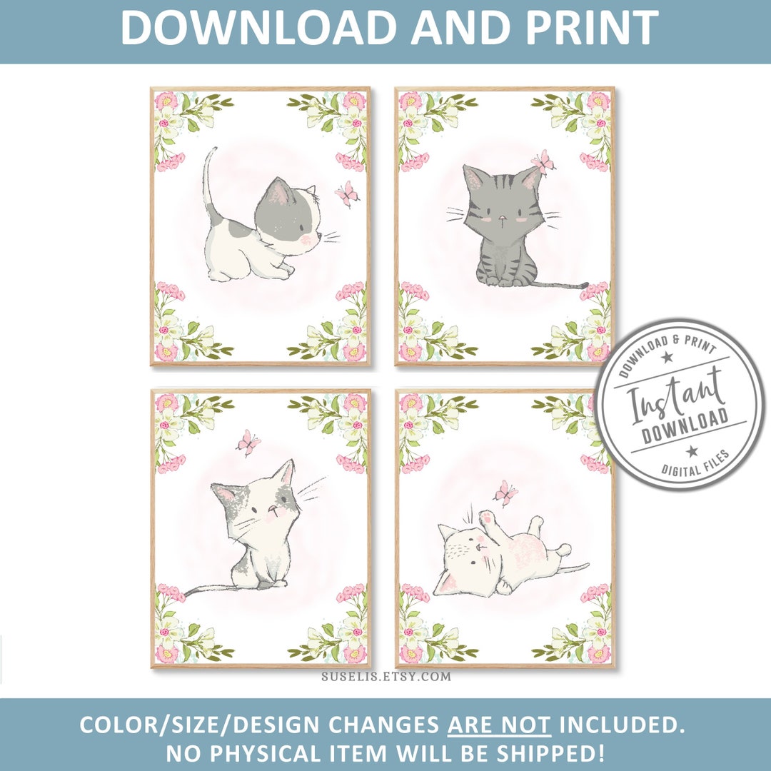 Printable Nursery Cat Prints, Set of 4, Animal Signs, Watercolor Kitten ...
