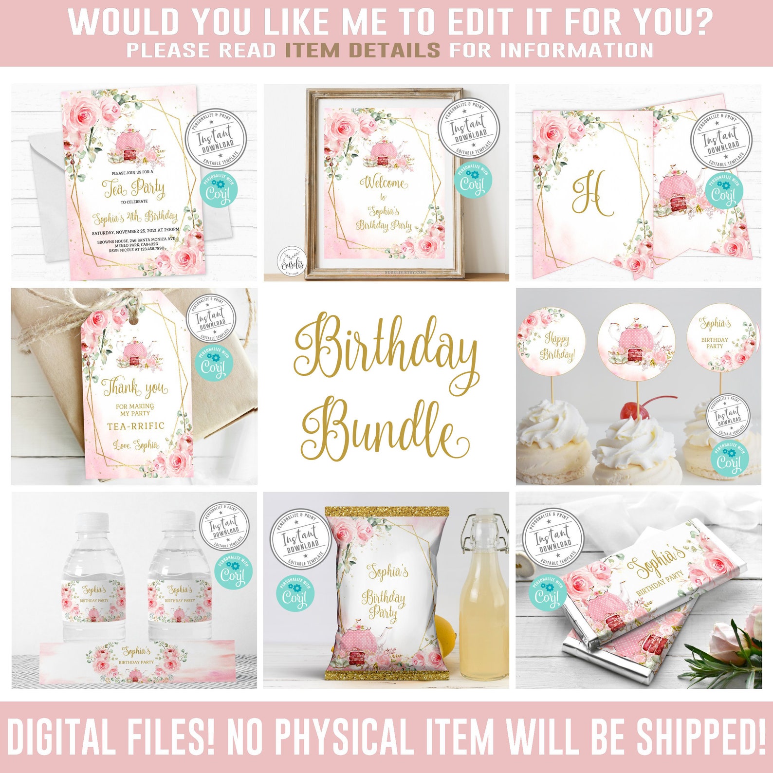 EDITABLE Tea Party Birthday Party Bundle Corjl Template Tea - Etsy