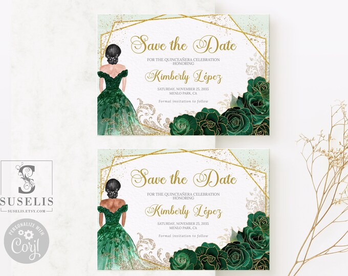 Emerald Green Gold Floral Quinceanera Editable Save the Date, Printable ...
