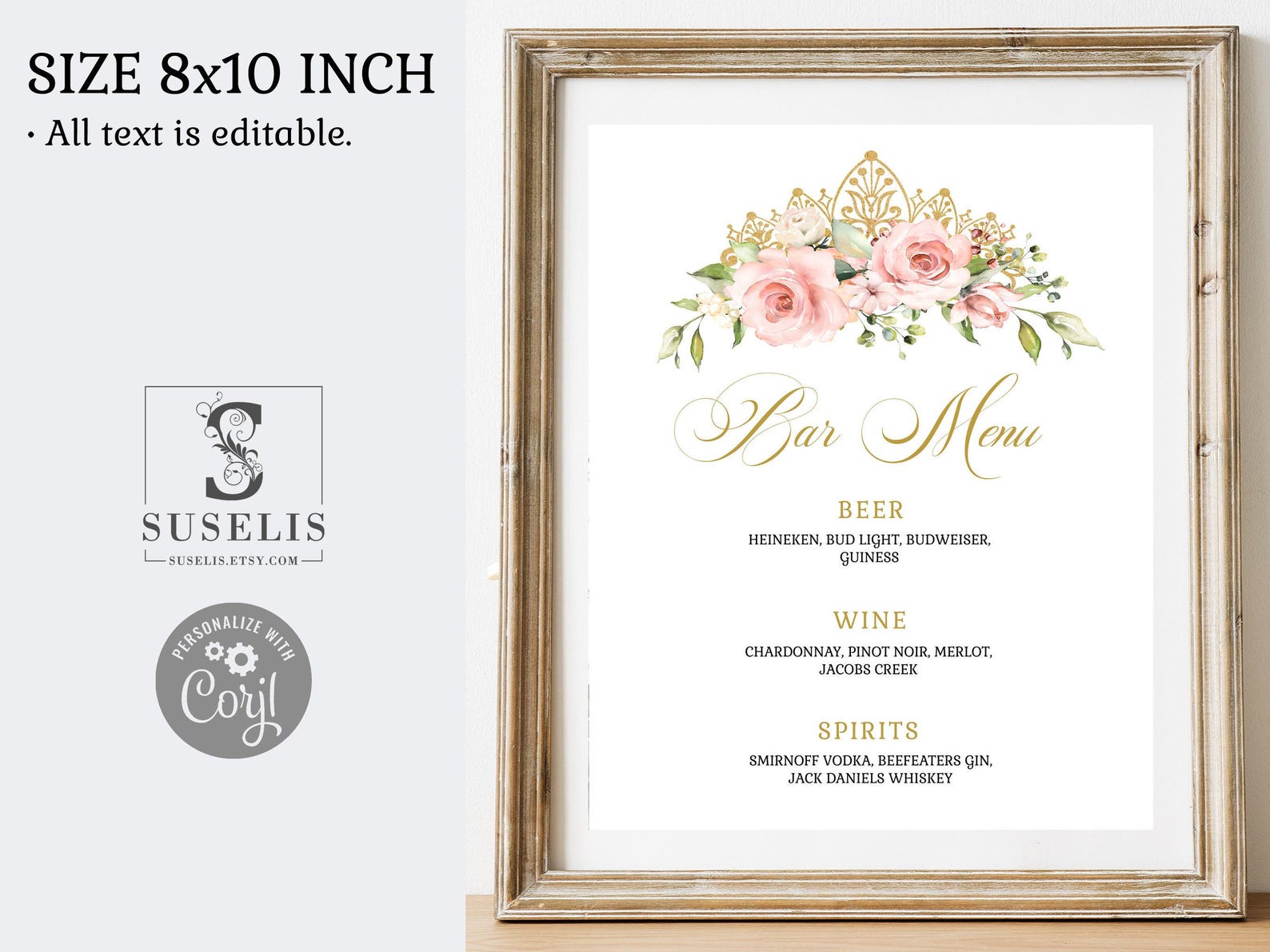 EDITABLE Bar Menu Sign Template, Drinks, Blush Pink Flowers ...
