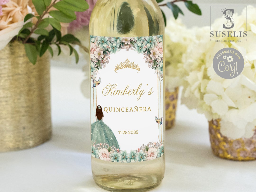 EDITABLE TEMPLATE Wine Bottle Labels, Sage Green Flowers, Quinceanera ...