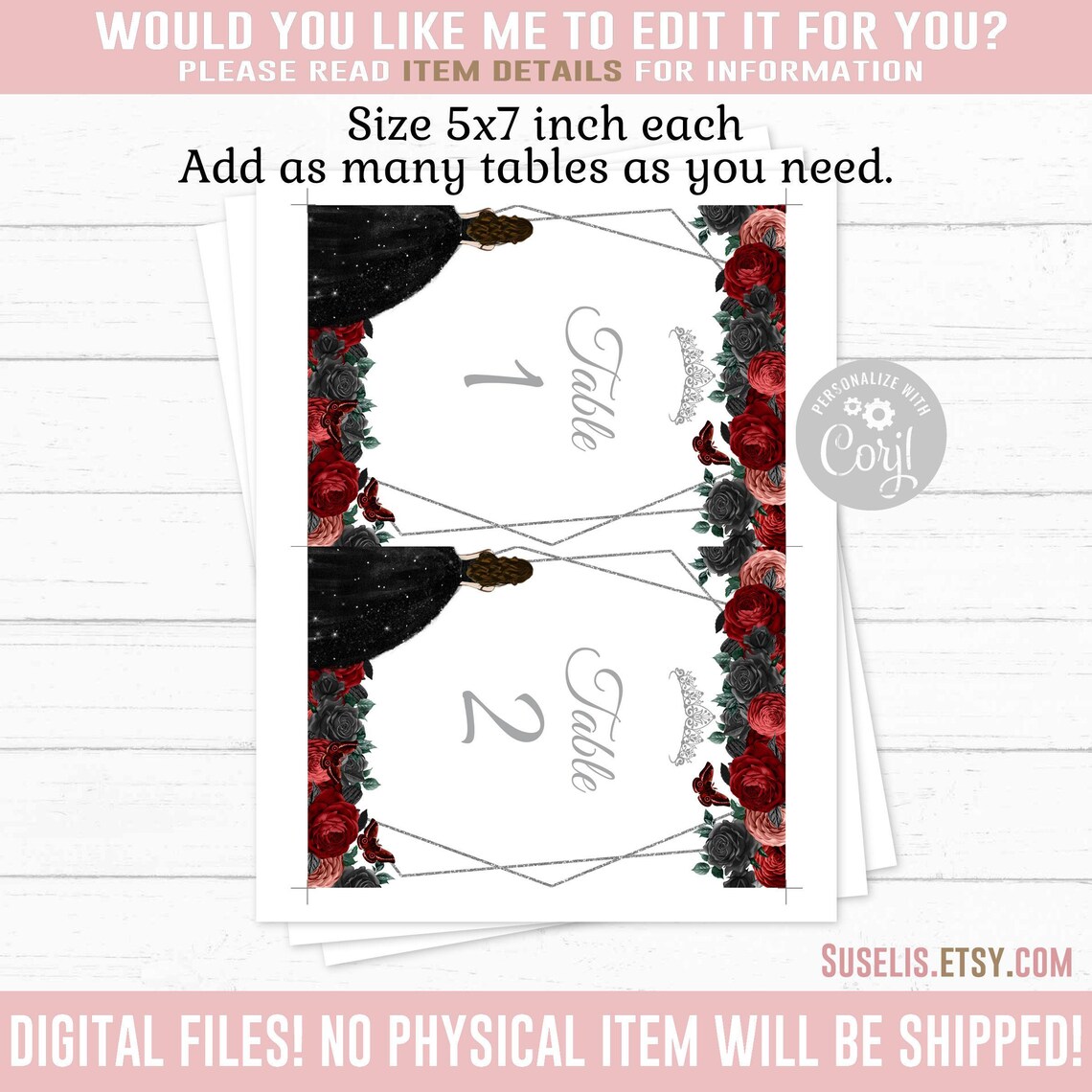 EDITABLE Table Numbers, Quinceanera, Black Red Flowers, Butterfly, Mis ...