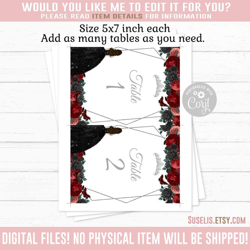 EDITABLE Table Numbers, Quinceanera, Black Red Flowers, Butterfly, Mis ...