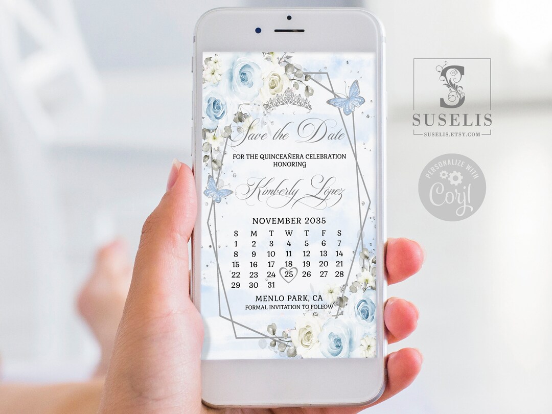 EDITABLE TEMPLATE Calendar Save the Date Evite, Baby Blue Flowers ...