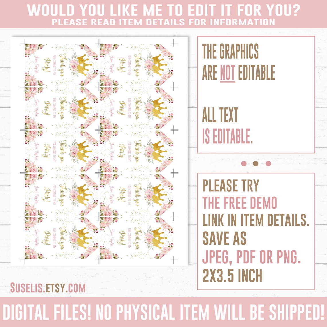 Editable Princess Birthday Party Favor Tag Corjl Template | Etsy