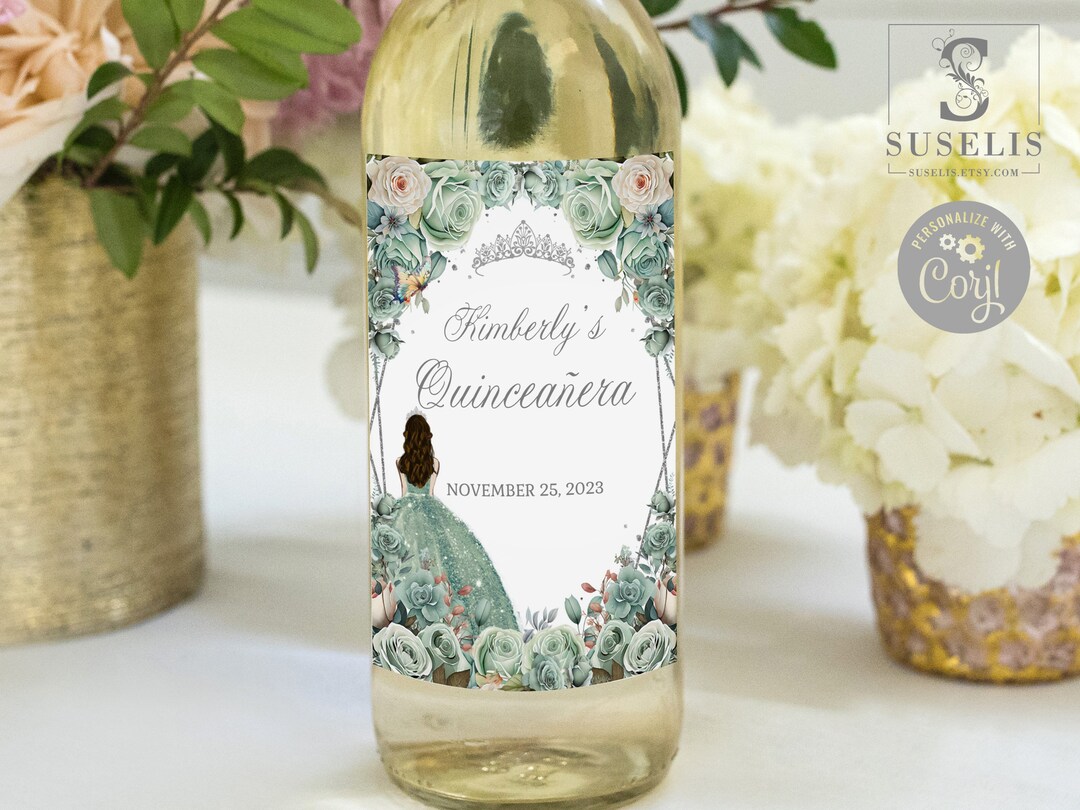 EDITABLE Quinceañera Wine Bottle Label Template, Sage Green Flowers ...