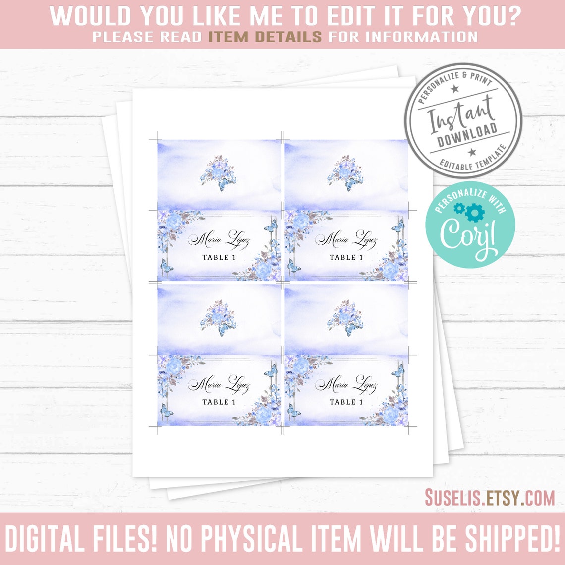 Editable Place Card Table Seating Card Blue Silver Floral - Etsy