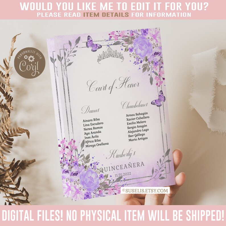 EDITABLE Bi-fold Quinceanera Program Purple Silver Floral - Etsy