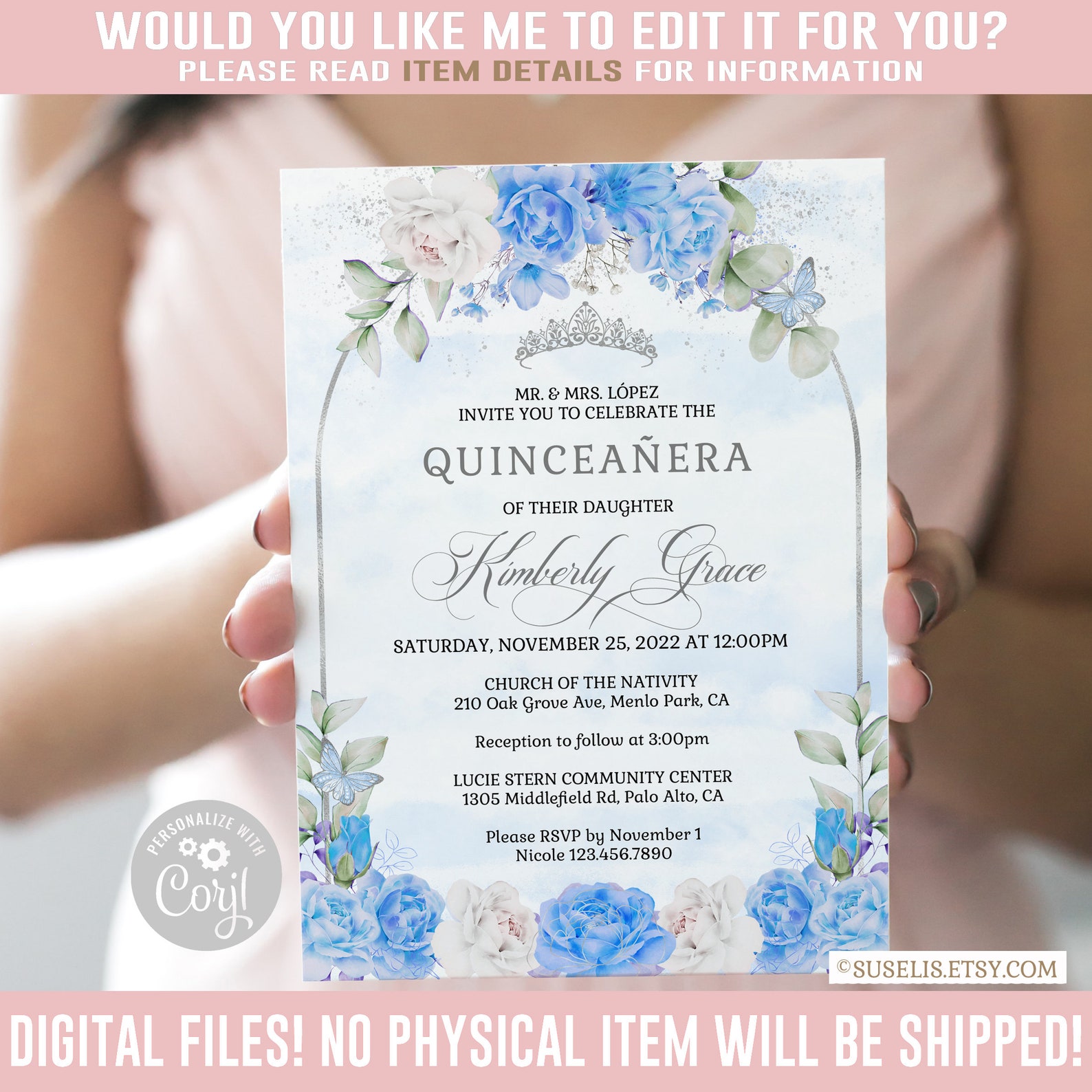 EDITABLE Quinceanera Invitation Back Corjl Template Blue | Etsy
