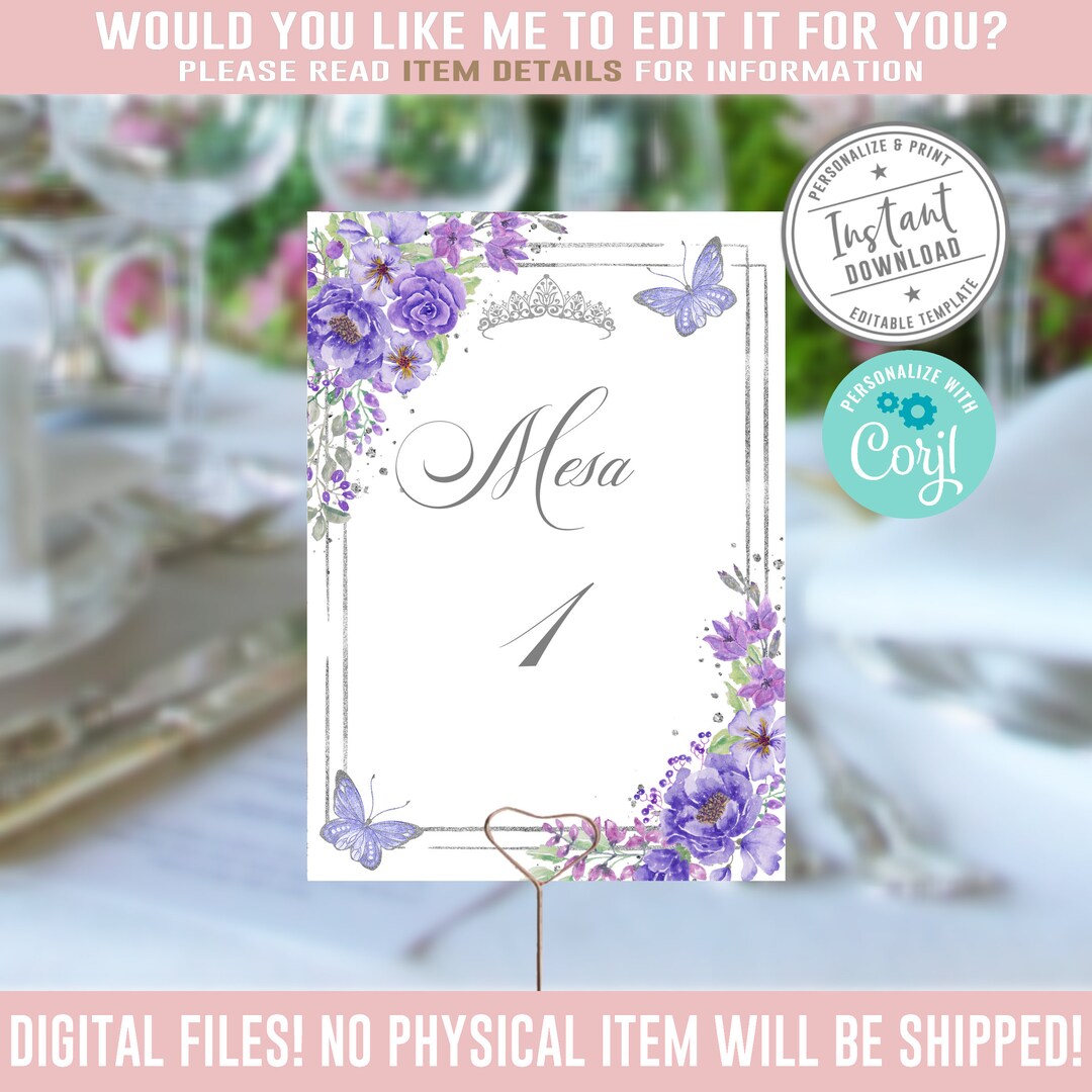 EDITABLE Table Numbers, Quinceanera, Purple Pink Flowers, Butterfly ...