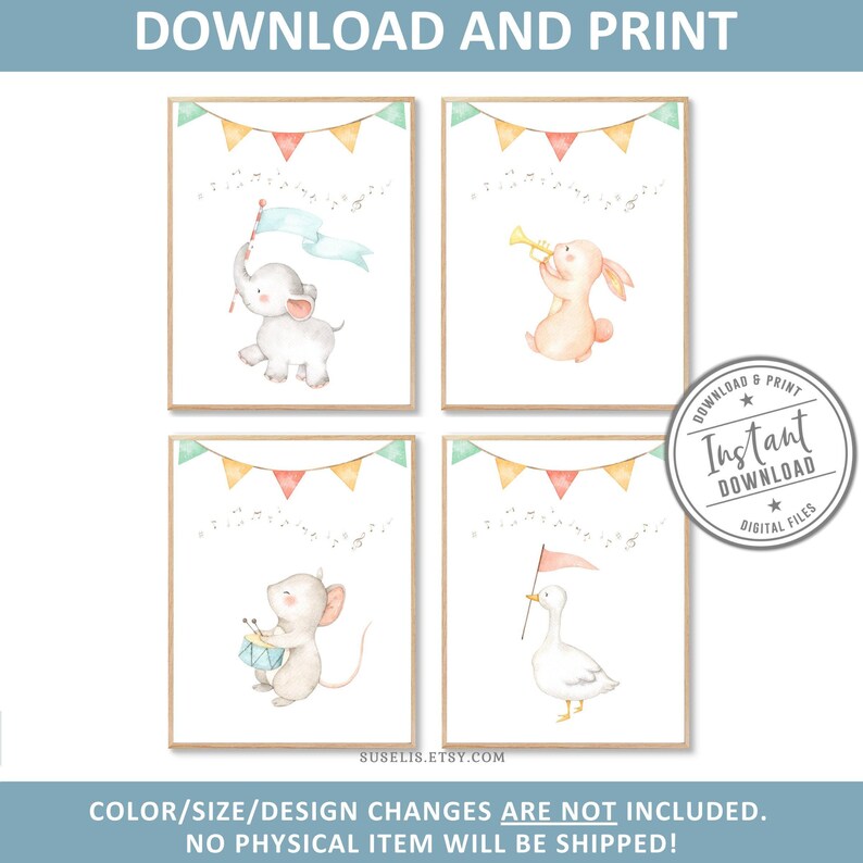 Printable, Little Parade Animals, Set of 4 Prints, Neutral Nursery Sign ...