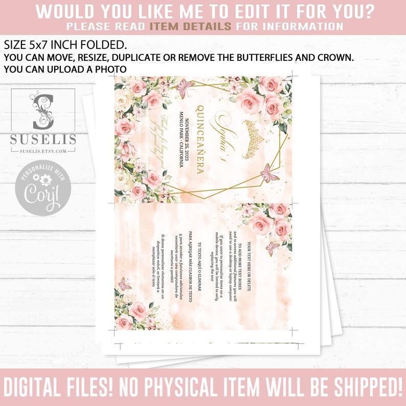 EDITABLE Blush Pink Fan Program Template, Blush Pink Flowers, Butterfly ...