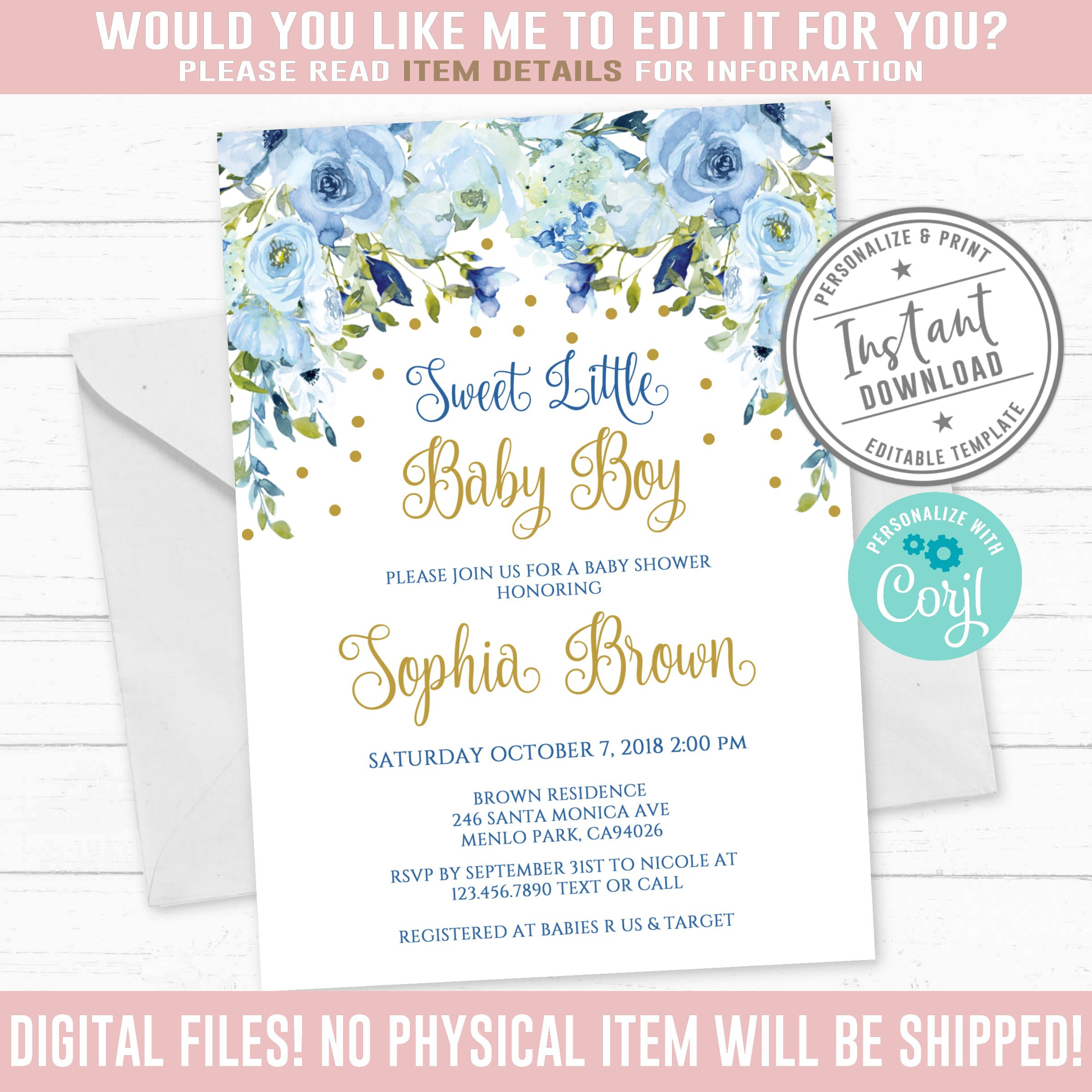 EDITABLE Baby Boy Shower Invitation Corjl Template Dusty | Etsy