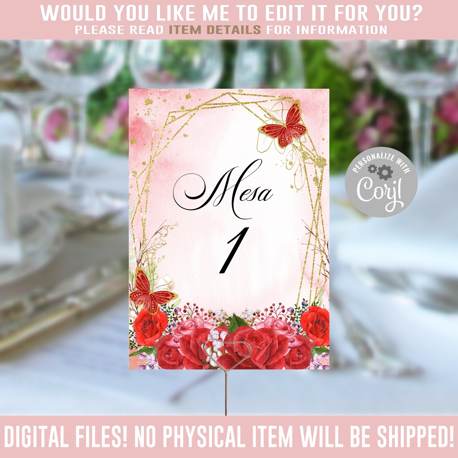 EDITABLE Table Numbers Quinceanera Red Gold Flowers - Etsy