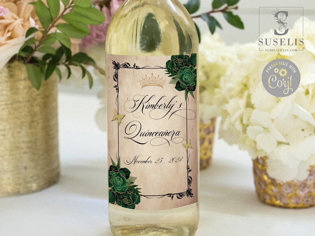 EDITABLE Quinceañera Wine Bottle Labels, Emerald Green Roses, Mis ...