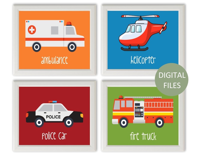 Printable Rescue vehicles Nursery Print Set of 4 Ambulance | Etsy