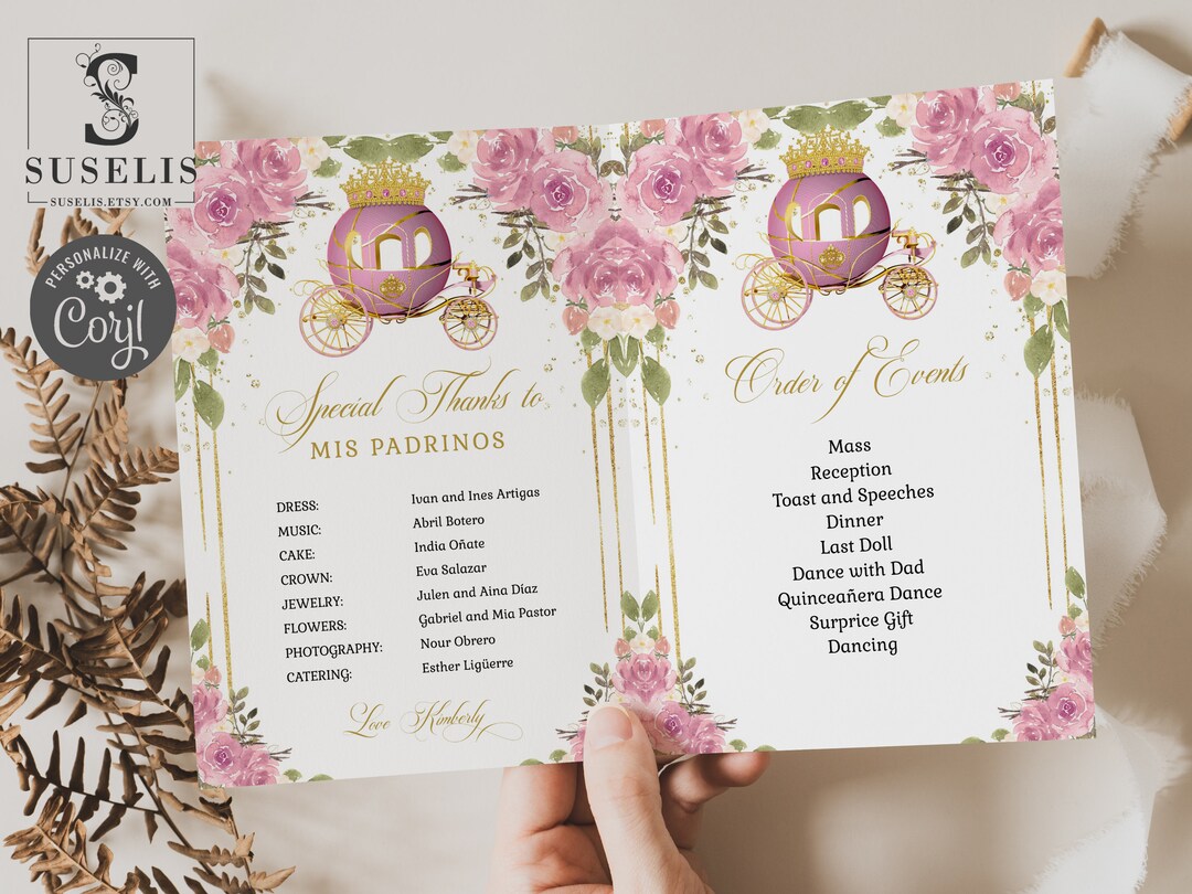 EDITABLE Bi-fold Quinceanera Program, Princess Pink Gold Floral ...