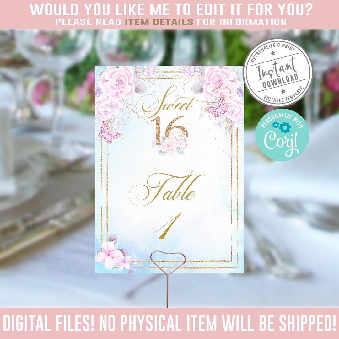 EDITABLE Table Numbers, Sweet 16, Blush Pink Flowers, Butterfly, Mis ...