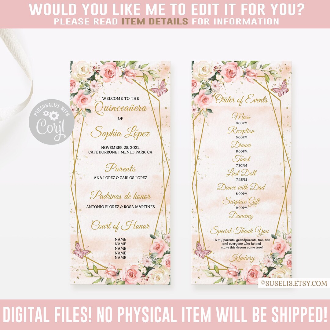 EDITABLE Program Template Quinceañera Blush Flowers Butterfly 15th ...