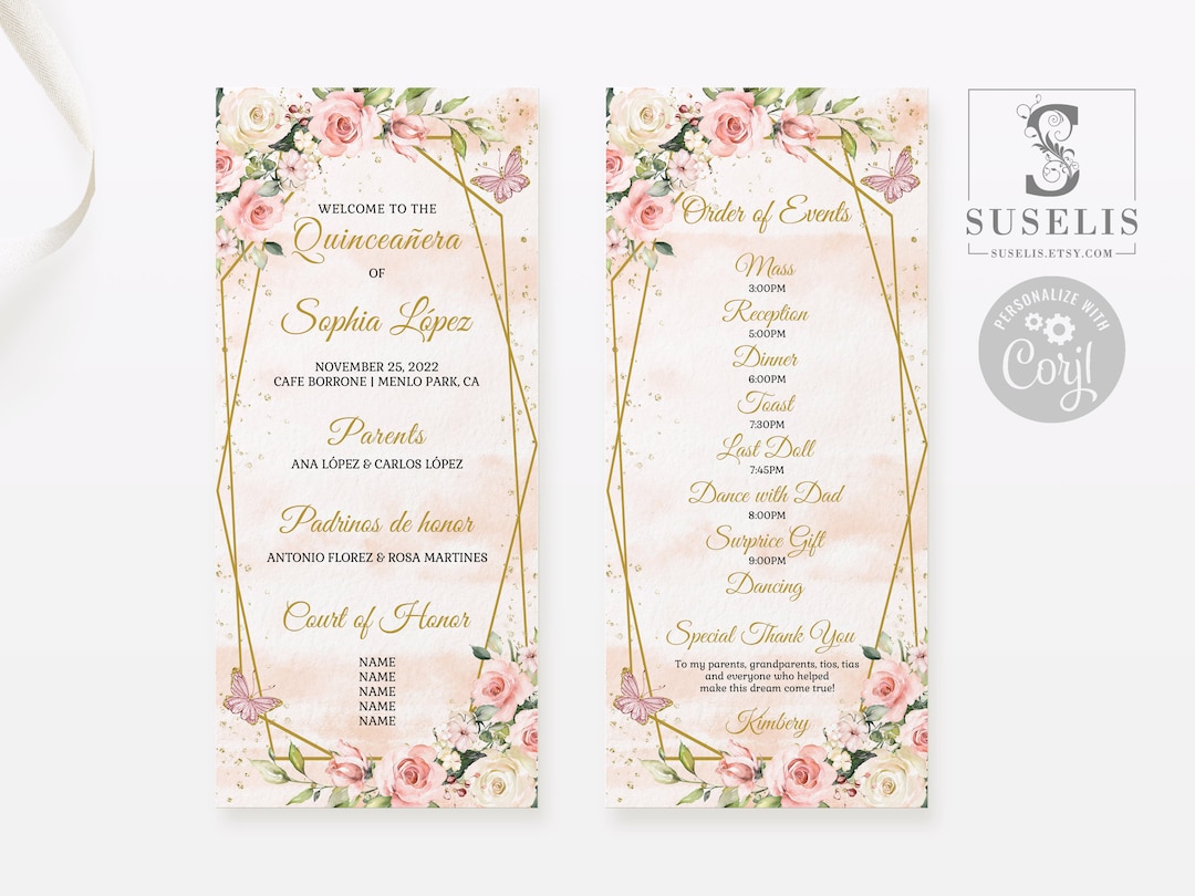 EDITABLE Program Template, Quinceañera, Blush Flowers, Butterfly, 15th ...