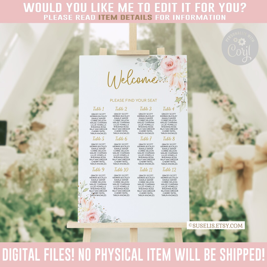 EDITABLE Seating Chart, Table Plan, Boho Blush Pink Floral, Find your ...